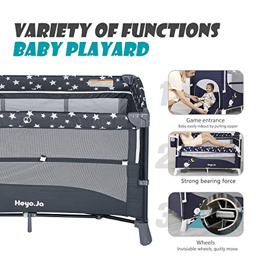 Heyo.Ja Portable Baby Playard, 4 in 1 Convertible Pack and Play with Bassinet, Nursery Center with Comfortable Mattress, 5 Height Adjustable Bedside Crib (Grey)