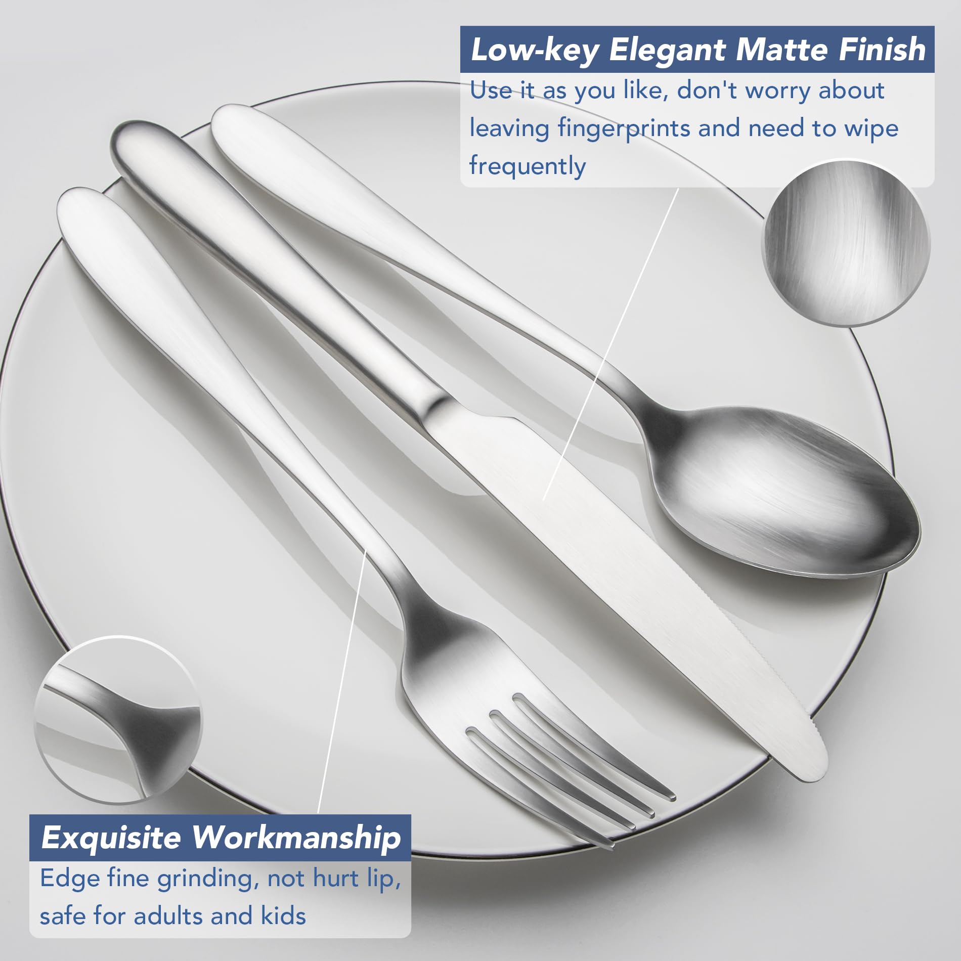 40 Piece Matte Silverware Set for 8, EIUBUIE Premium Stainless Steel Flatware Set, Matte Finish Cutlery Durable Solid, Modern Kitchen Tableware Eating Utensil Sets Includes Spoons Forks Knives