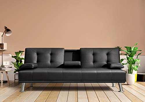 Flamaker Futon Sofa Bed Modern Faux Leather Couch, Convertible Folding Recliner Lounge Futon Couch for Living Room with 2 Cup Holders with Armrest
