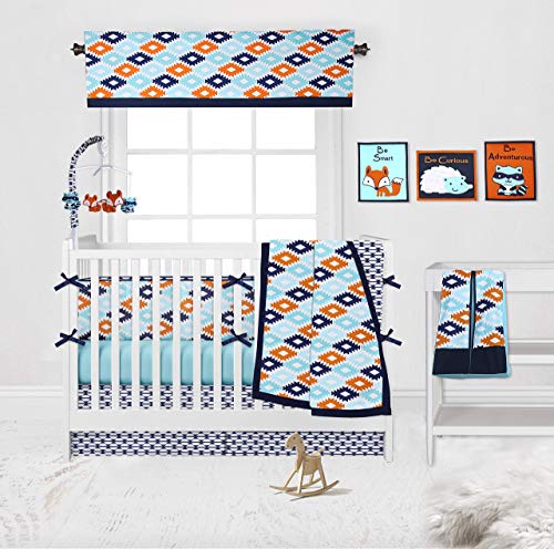 Bacati Liam Aztec Kilim Cotton Percale Crib/Toddler Bed Fitted Sheets 2 Piece, Aqua/Orange/Navy
