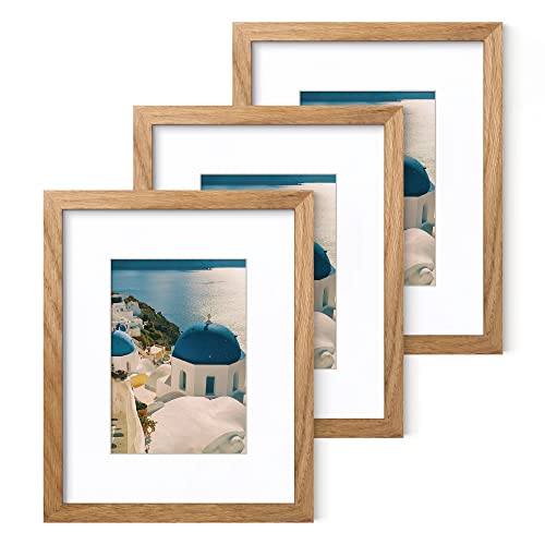 Axeman 8x10 Picture Frame with Mat for 5x7, Solid Oak Wood Picture Frames Set of 3 Packs, Natural Wood Frame for Wall and Tabletop Display Photo Frame with Tempered Glass for Home Decor- Nature
