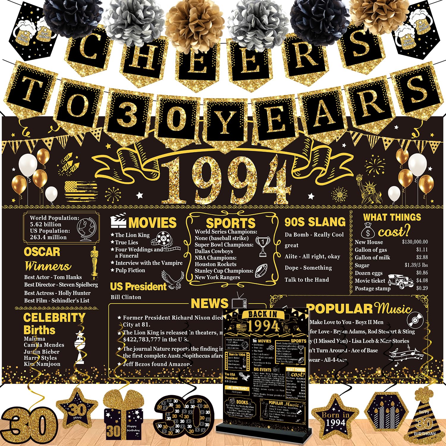 30th Birthday Decorations for Men Women,16PCS Back in 1994 Party Banner Decorations,Including Vintage 1994 Backdrop,Cheers to 30 Years Banner,7 Hanging Swirl,1994 Poster Anniversary Card,6 Paper Poms