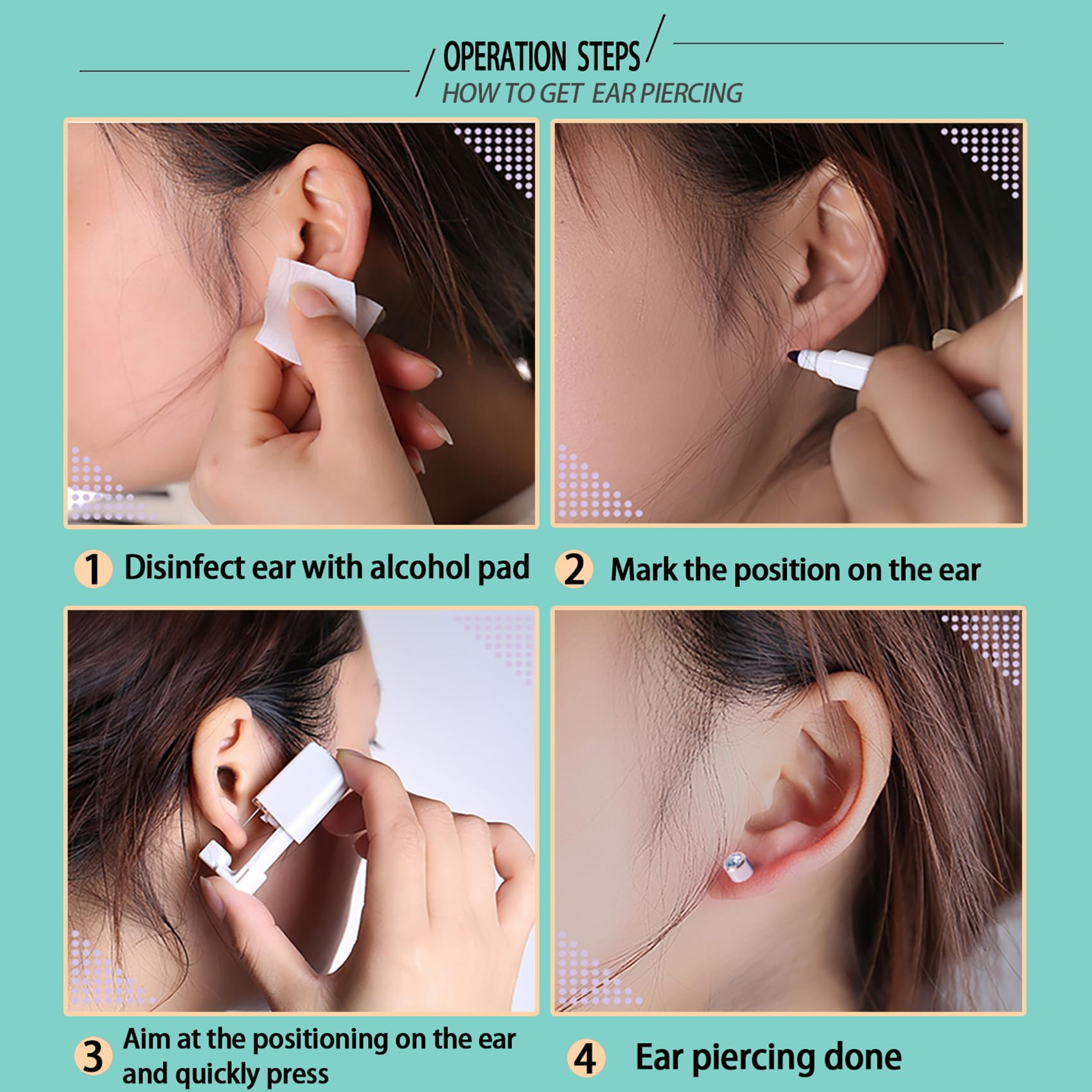 24 Pcs Ear Piercing Kit Disposable Ear Piercing Gun Kit with 8 Pcs Self Piercing Gun and 8 Pcs Earrings Stud 8 Pcs Alcohol Pads