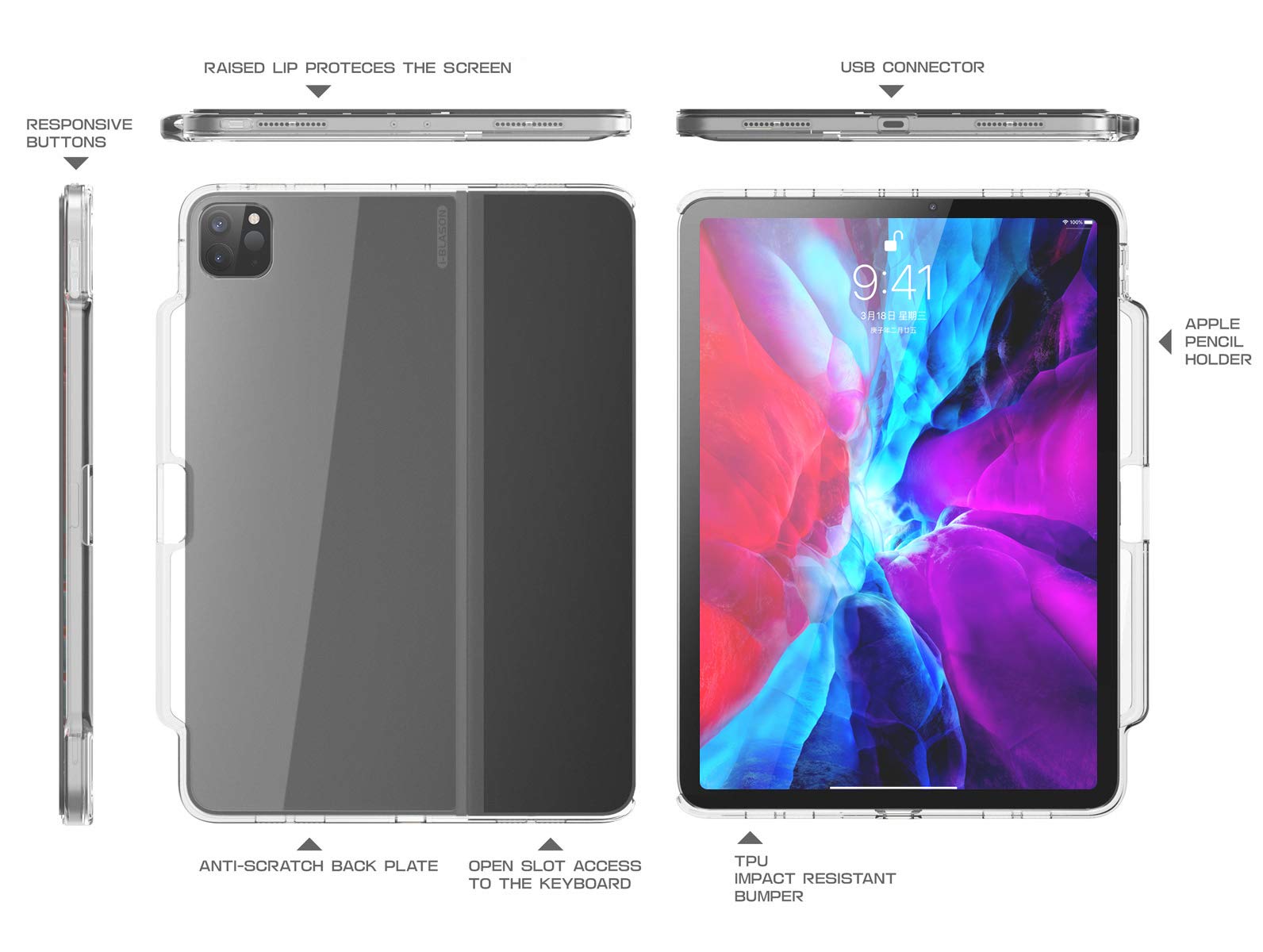 i-Blason Halo Series Case for New iPad Pro 11 Inch (2020/2018 Release), [ONLY for use with Smart Keyboard Folio; Compatible with Official Smart Folio] Clear Protective Case with Pencil Holder, Clear