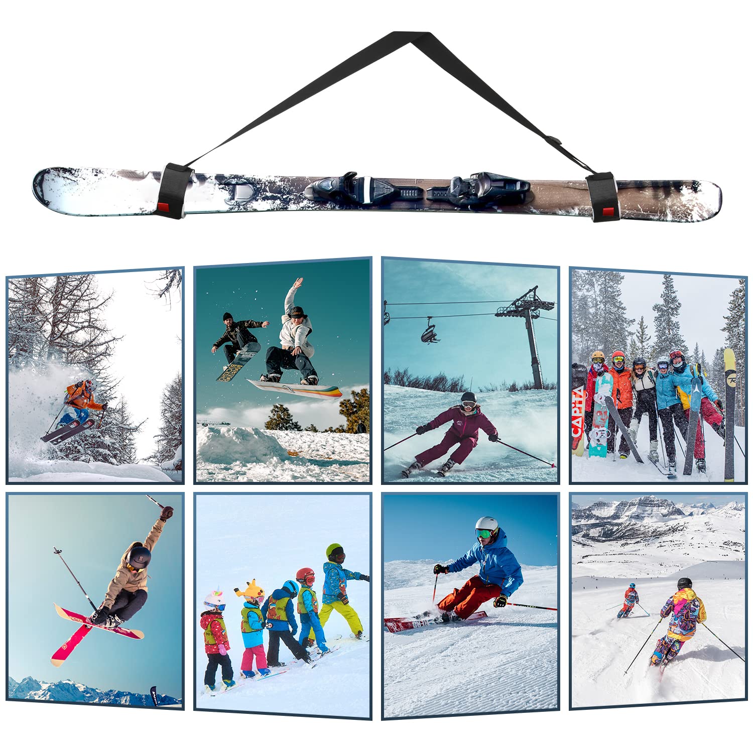 2pcs Ski Straps for Carrying, Sturdy Ski Carrier Straps and Pole Carrier with Adjustable Shoulder Straps and Magic Adhesives Cross Country Ski Accessories for Kids Adults (Black)