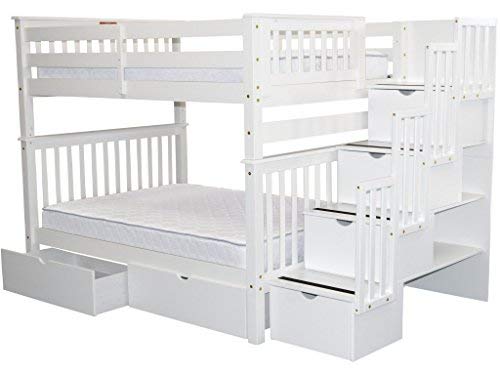 Bedz King Stairway Bunk Beds Full over Full with 4 Drawers in the Steps and 2 Under Bed Drawers, White