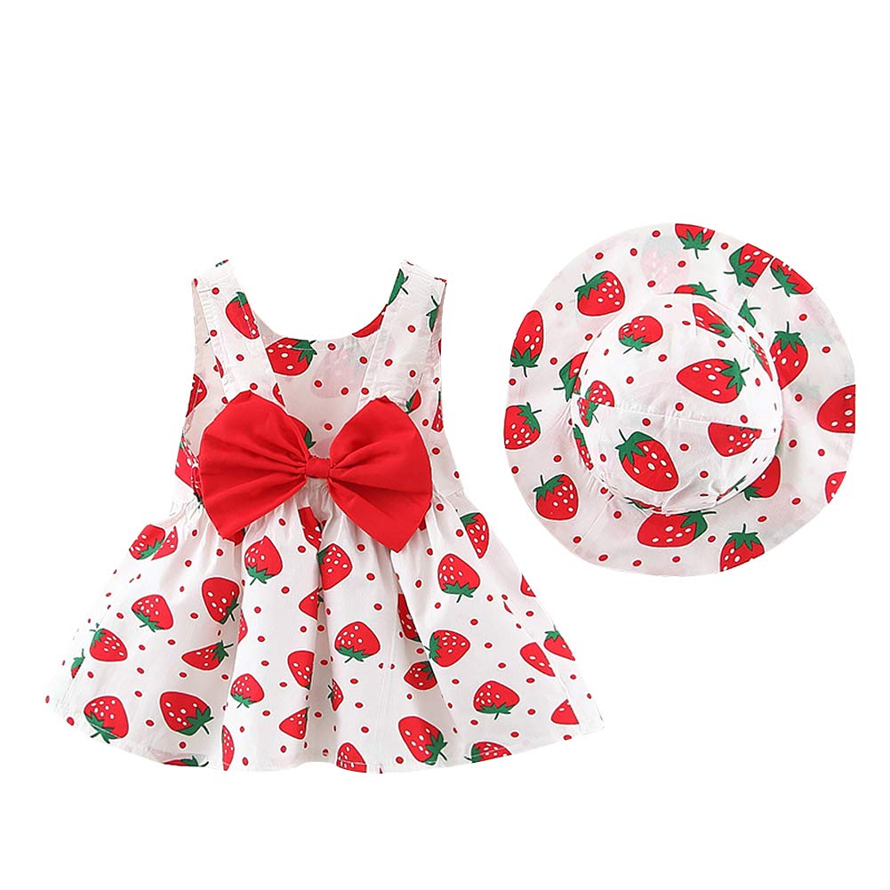 IBTOM CASTLE Toddler Baby Girls Party Summer Tutu Dresses Sleeveless Backless Bowknot Flower Dress with Straw Hat Princess Birthday Party Outfits Sundress White-Strawberry 12-18 Months