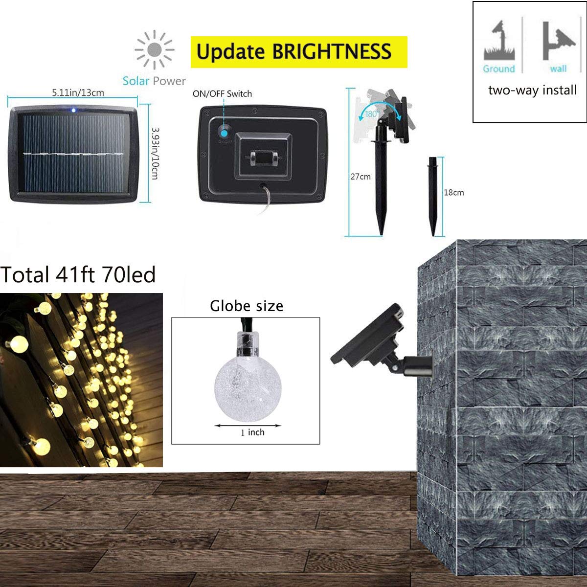 AMYSTEE Update Solar String Lights Outdoor 70 Led 41 FT Crystal Globe Lights with 8 Lighting Modes, Waterproof Solar Powered Patio Lights for Garden Yard Porch Wedding Party Christmas Decor