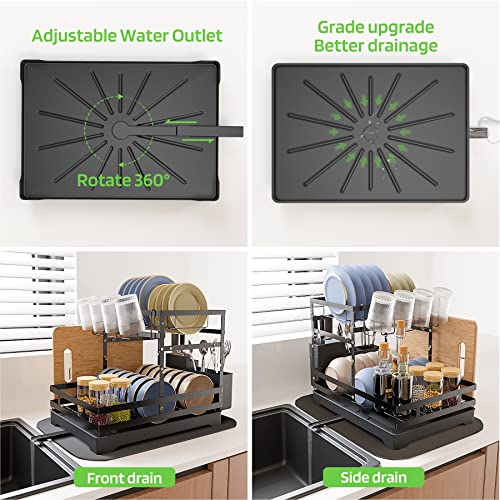 BBXTYLY Large Dish Drying Rack, 2 Tier Collapsible Dish Racks with Drainboard,Drainage, Wine Glass Holder, Utensil Holder and Extra Drying Mat, Dish Drainers for Kitchen Counter (Black)