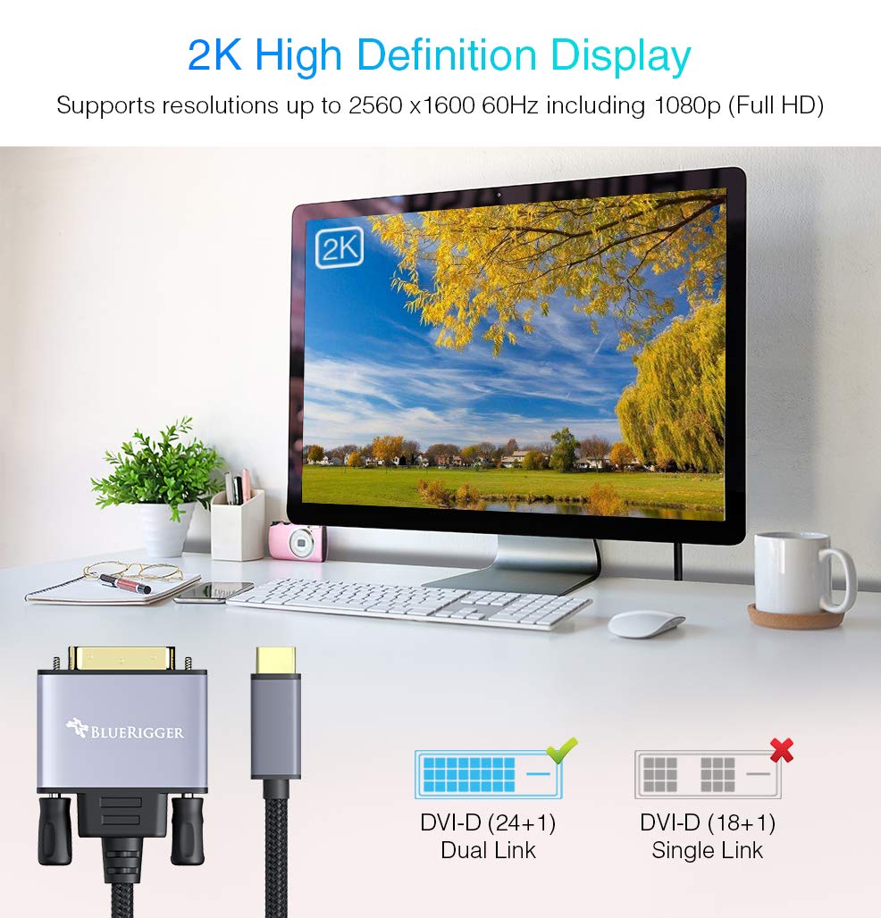 BlueRigger USB C to DVI Cable (6FT, 4K 30Hz, USB 3.1 Type C to DVI, Thunderbolt 3 to DVI) USB-C to DVI-D Cable Compatible with Samsung Galaxy, Surface Book, MacBook Pro, Dell, Pixelbook and More