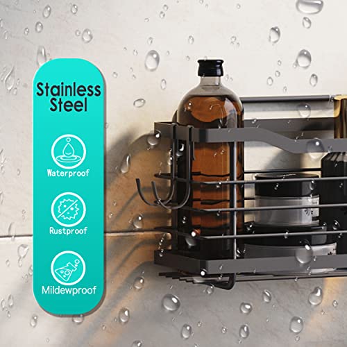 Auroglint Stainless Steel Black Shower Caddy, Large Storage Shower Racks for Bathroom, Wall Mounted No Drilling Storage Shower Shelves with Removable Hooks (2 pack)
