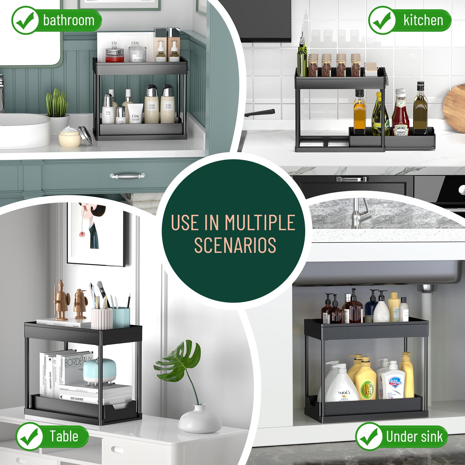 2 Pack Under Sink Organizers and Storage,bathroom organizer, 2-Tier Sliding Cabinet Basket Organizer with Hooks,Multi-Purpose cabinet organizer for Bathroom Kitchen