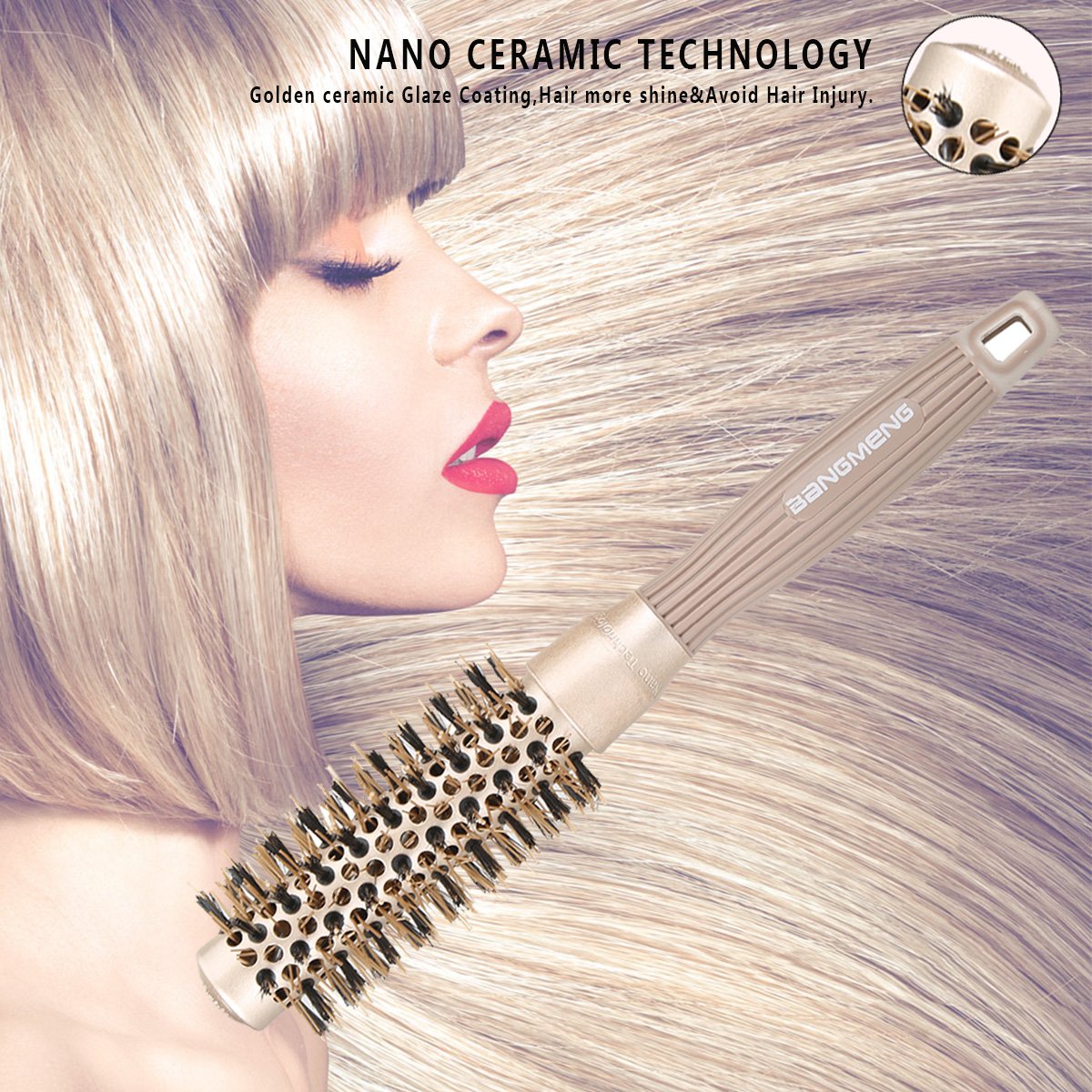BANGMENG Round Brush with Boar Bristles, 1 inch Barrel, Nano Thermal Ceramic Ionic Tech for Straightening and Blow Drying, Gold