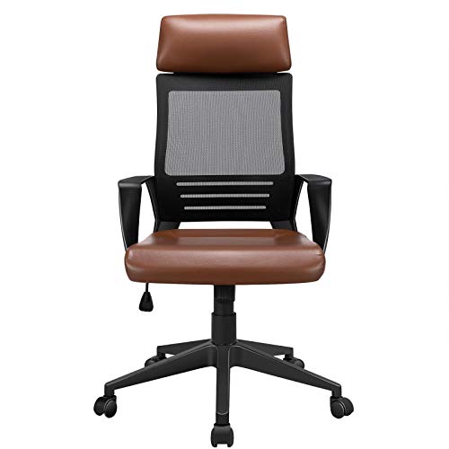 Yaheetech Executive Office Chair, Ergonomic High Back Leather/Mesh Desk Chair with Headrest and Lumbar Support, Swivel Chairs on Wheels/Castors for Home Office, Brown