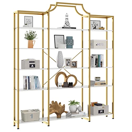 Auromie Triple Wide 5-Tier Bookshelf, 70.87" L x 79.13" H Extra Large Gold Bookcase, Tall Display Shelf with Metal Frame, Freestanding Etagere Storage Display Shelf for Home Office, White Gold