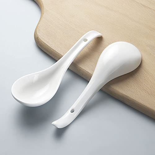 Asian Soup Spoons, YFWOOD 6.75 inch Ceramic Chinese Soup Spoons, White Large Japanese Soup Spoons for Ramen Pho Wonton Soup Dumpling Miso, Set of 6