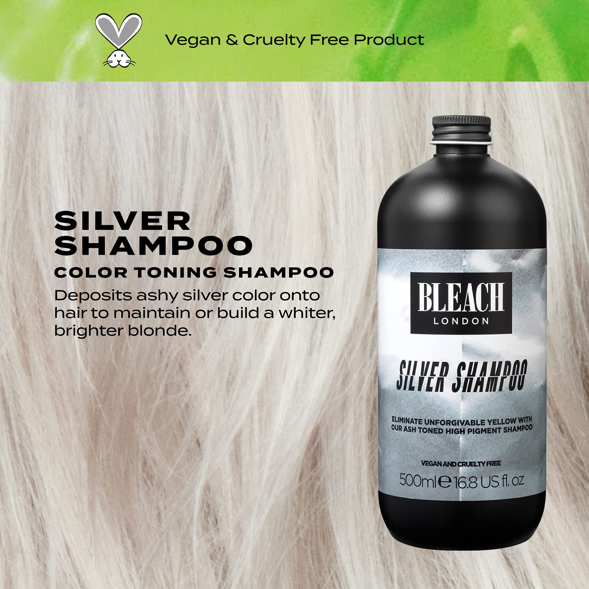 BLEACH LONDON Silver Shampoo - High Pigmented Ashy Silver Rinse, Vegan Cruelty Free, Color Protected Clean, Color Depositing Toning Formula 16.8 fl oz