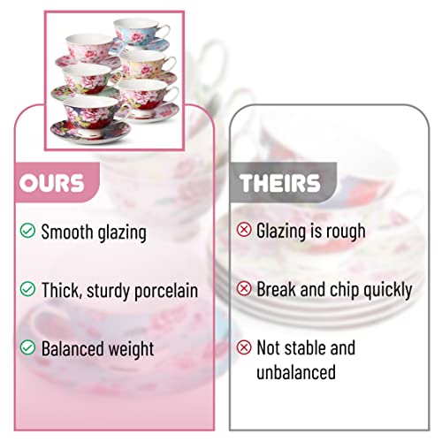 BTaT- Tea Cups, Tea Cups and Saucers Set of 6, Tea Set, Floral Tea Cups (8oz), Tea Cups and Saucers Set, Tea Set, Porcelain Tea Cups, Tea Cups for Tea Party, Rose Teacups, China Tea Cups (Bone China)