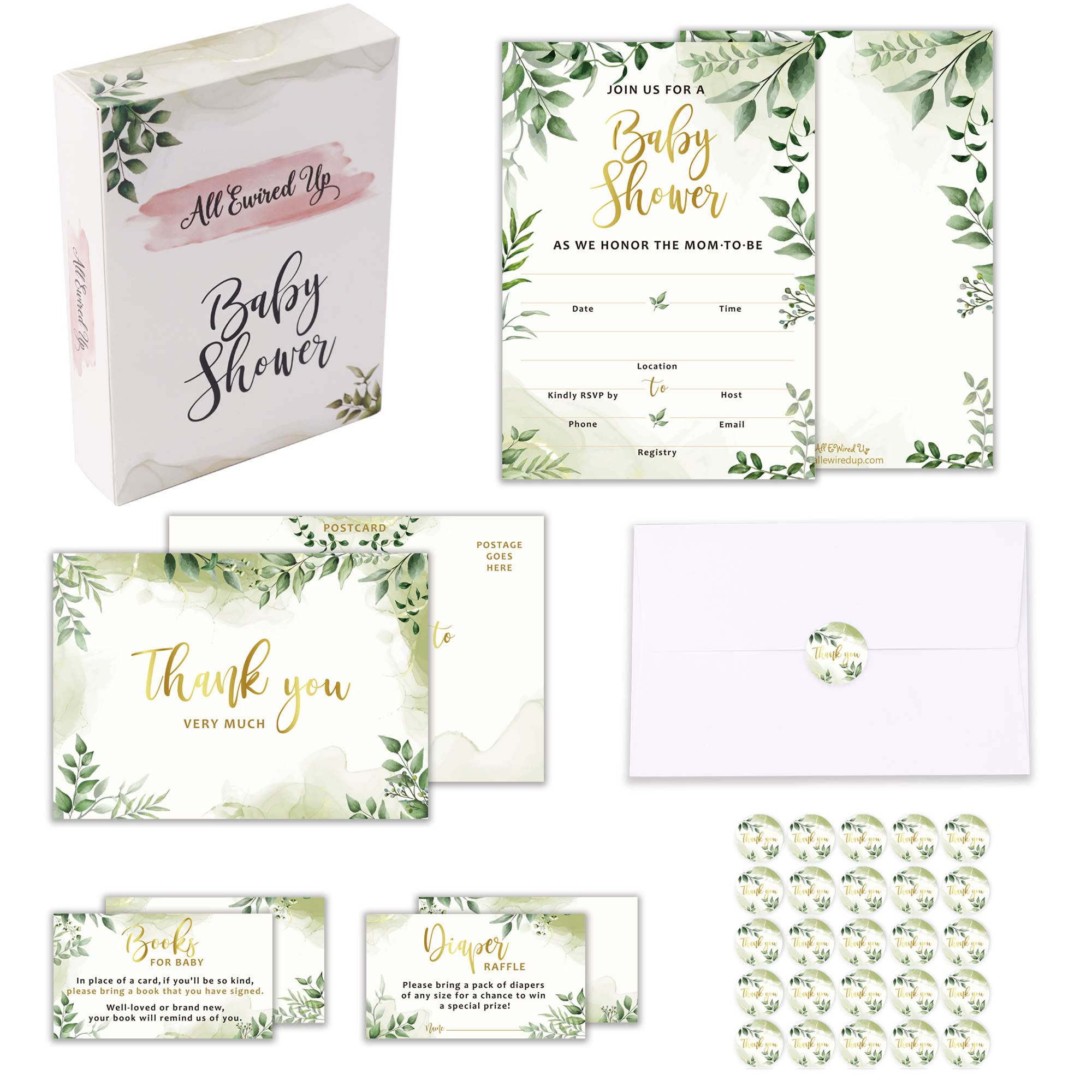 25 Double-Sided Greenery Baby Shower Invitation Set with Envelopes,Gender Neutral Blank Fill-in Invites for Boy or Girl, Double-Sided Diaper Raffle, Thank You Cards and Seals