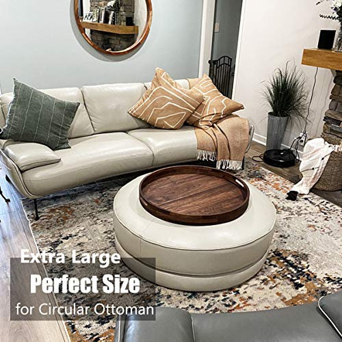MAGIGO 24 Inches Extra Large Round Black Walnut Wood Ottoman Tray with Handles, Serve Tea, Coffee or Breakfast in Bed, Classic Circular Wooden Decorative Serving Tray