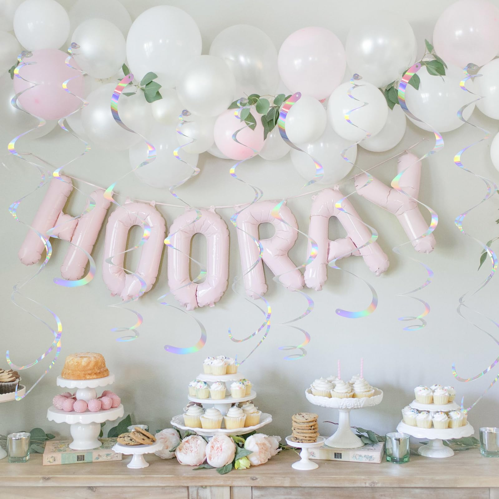 24 PCS Iridescent Hanging Swirl, Shinny Holographic Ceiling Decorations, Plastic Streamer Party Decorations with Double-Swirls and Single-Swirls for Birthday Decorations, Wedding, Baby Shower