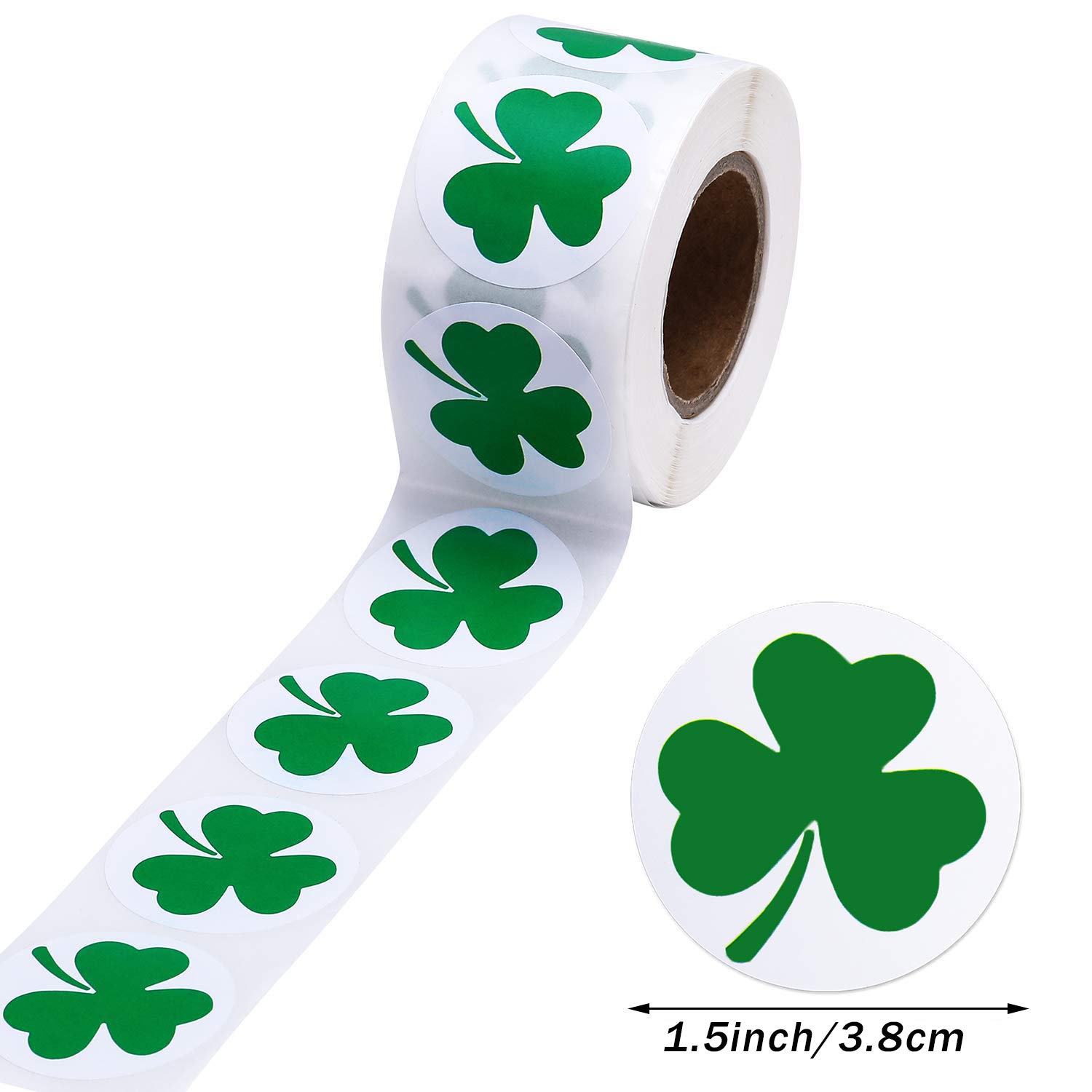 St. Patrick’s Day Stickers, 500 Pieces 1.5inch Irish Shamrock Sticker Roll 4 Leaf Clover Stickers for Bags Boxes Wrap Cards Party Decoration Supplies