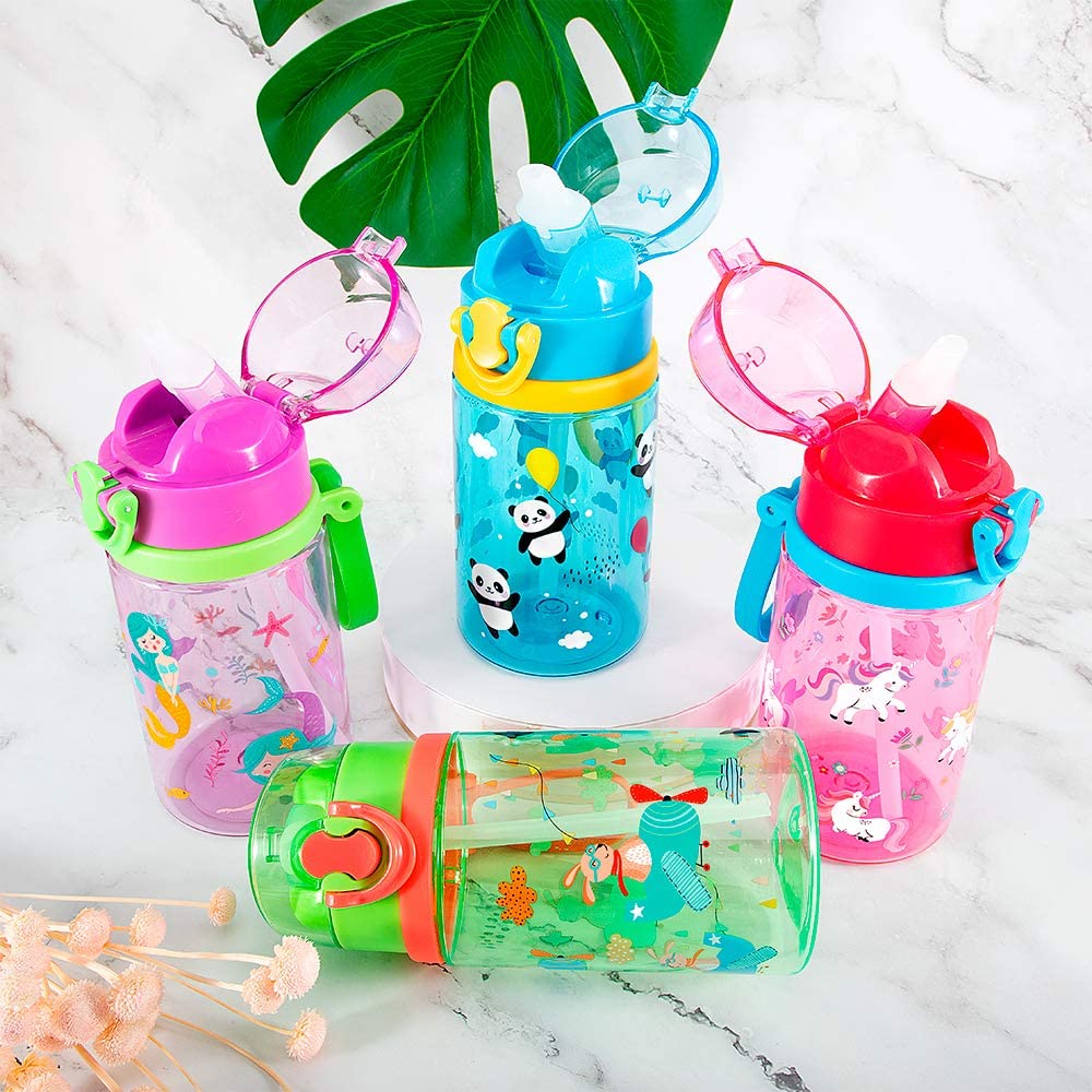 Home Tune 2 Pack Cute Water Bottles with Straw for Kids Girls Boys, BPA FREE Tritan & Leak Proof & Secure Lock & Soft Carry Loop, 14oz / 400ml (Airplane & Panda)