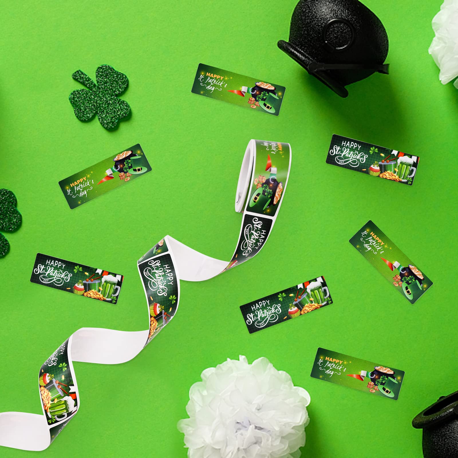 240 Pieces St Patrick's Day Stickers Roll - 2 Patterns 1 Inch Rectangle Green Lucky Stickers for Kids, Irish Self Adhesive Tag Seals Labels for St. Patrick's Day Party Bags Boxes Wrap Cards Bottles Decor