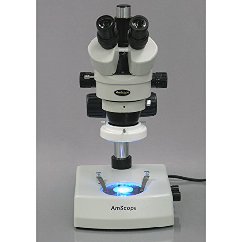 AmScope SM-2T-LED Professional Trinocular Stereo Zoom Microscope, WH10x Eyepieces, 7X-45X Magnification, 0.7X-4.5X Zoom Objective, Upper and Lower LED Lighting, Pillar Stand, 110V-120V