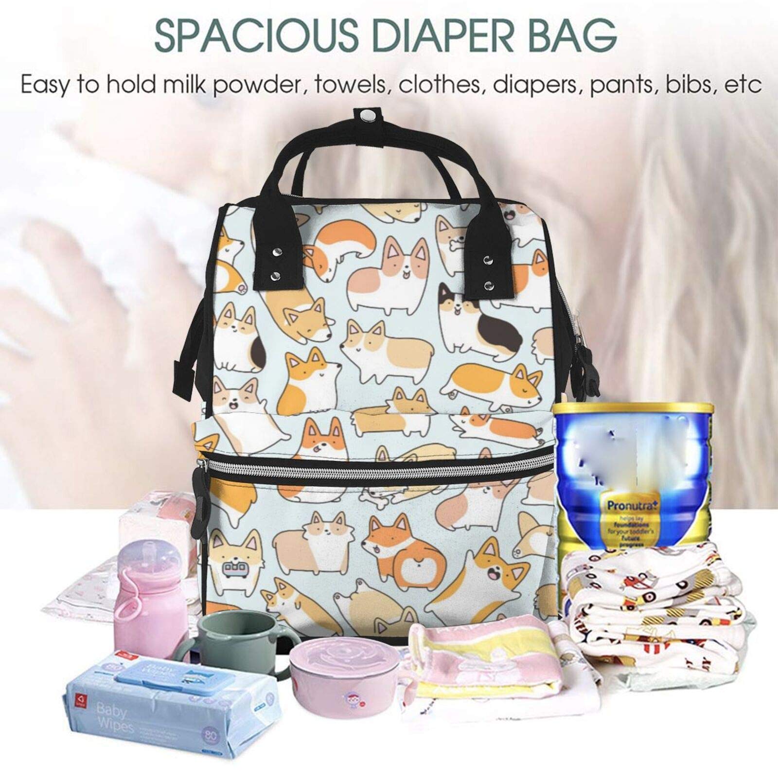 Diaper Bag Cute Corgi Large Capacity Nappy Bag Backpack for Baby Care Tote Bags Travel Backpack for Mom and Dad