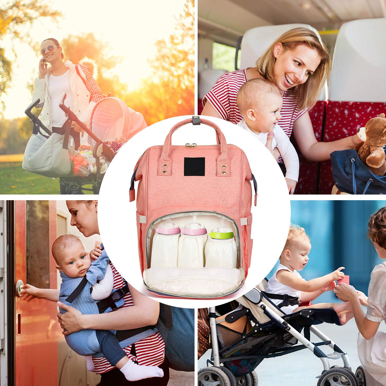 Diaper Bag Multi-Function Waterproof Travel Backpack Nappy Bags Large Capacity Stylish and Durable for Baby Care. (Orange Pink)