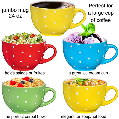 Bruntmor | Large Coffee Mug - 24 Oz Polka Dots Mug - Ceramic Soup Mug - Large Cereal Cups with Handles - Suitable As Tea, Cocoa & Coffee Mugs - Easy-to-clean - Comfortable Handle
