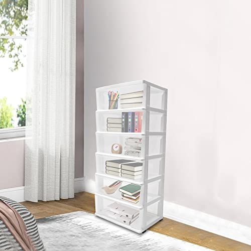 Gdrasuya10 Plastic Drawers Dresser with 6 Drawers, 19.7 x 13 x 43inches Plastic Tower Closet Organizer with Wheels Suitable for Apartments Condos And Dorm Room, (White)