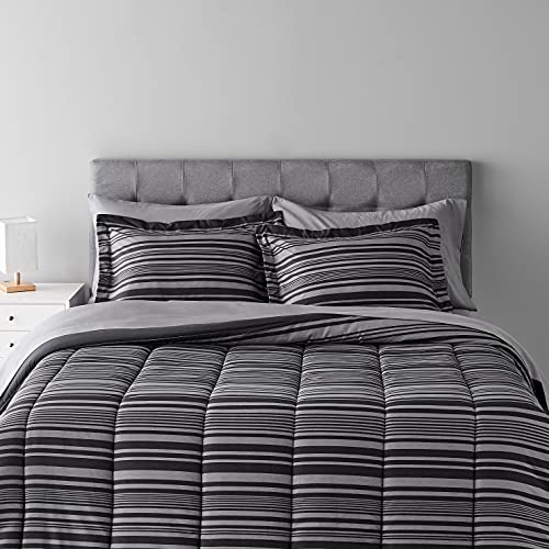 Amazon Basics Lightweight Microfiber Bed-in-a-Bag Comforter 7-Piece Bedding Set, Full/Queen, Gray Calvin Stripe, Striped