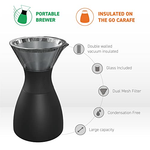 asobu Insulated Pour Over Coffee Maker (32 oz.) Double-Wall Vacuum, Stainless-Steel Filter and Take on the Go Carafe (Midnight Marble)