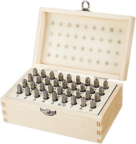 Amazon Basics Metal Alphabet and Number 36-pc Stamp Kit with Wood Case, 5/32 Inch