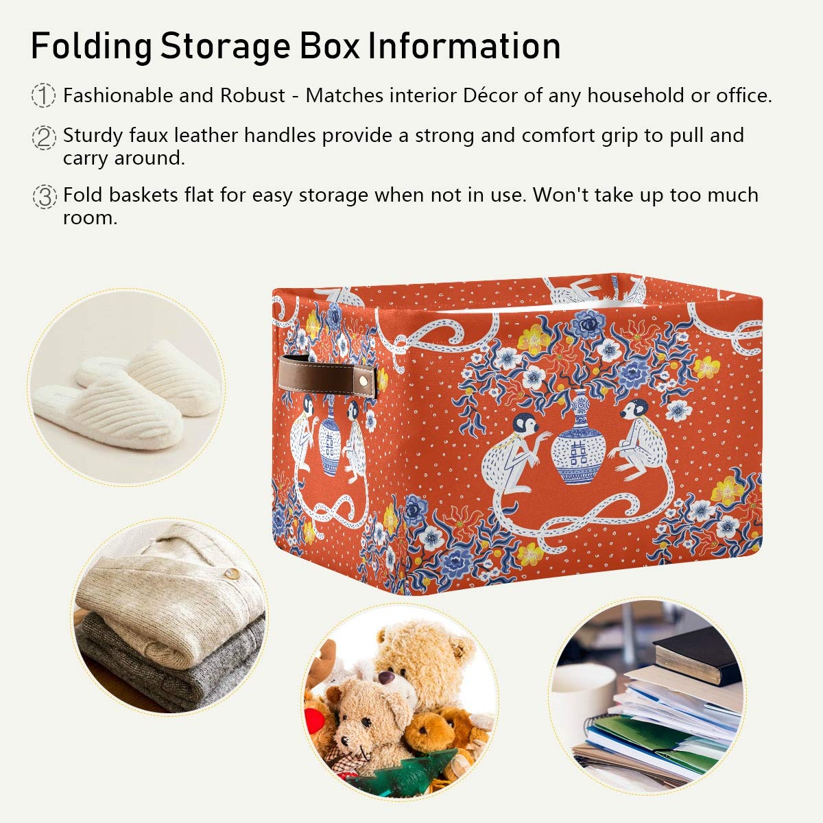 Storage Basket Cube Art Chinoiserie Animal Monkey Large Collapsible Toys Storage Box Bin Laundry Organizer for Closet Shelf Nursery Kids Bedroom,15x11x9.5 in,2 Pack