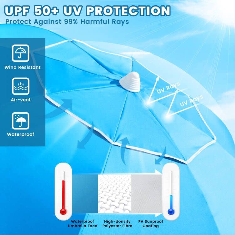 Beach Umbrella - 6.56FT Arc Length, 5.9FT Diameter Portable Beach Umbrellas for Sand Heavy Duty Wind with Air Vents, Adjustable Tilting Pole with 8 Ribs UV 50+ and Carry Bag