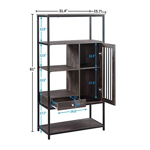 P PURLOVE Industrial Bookshelf Home Office Bookcase and Bookshelf 5 Tier Display Shelf with Doors and Drawers Rustic Wood and Metal Shelving Unit