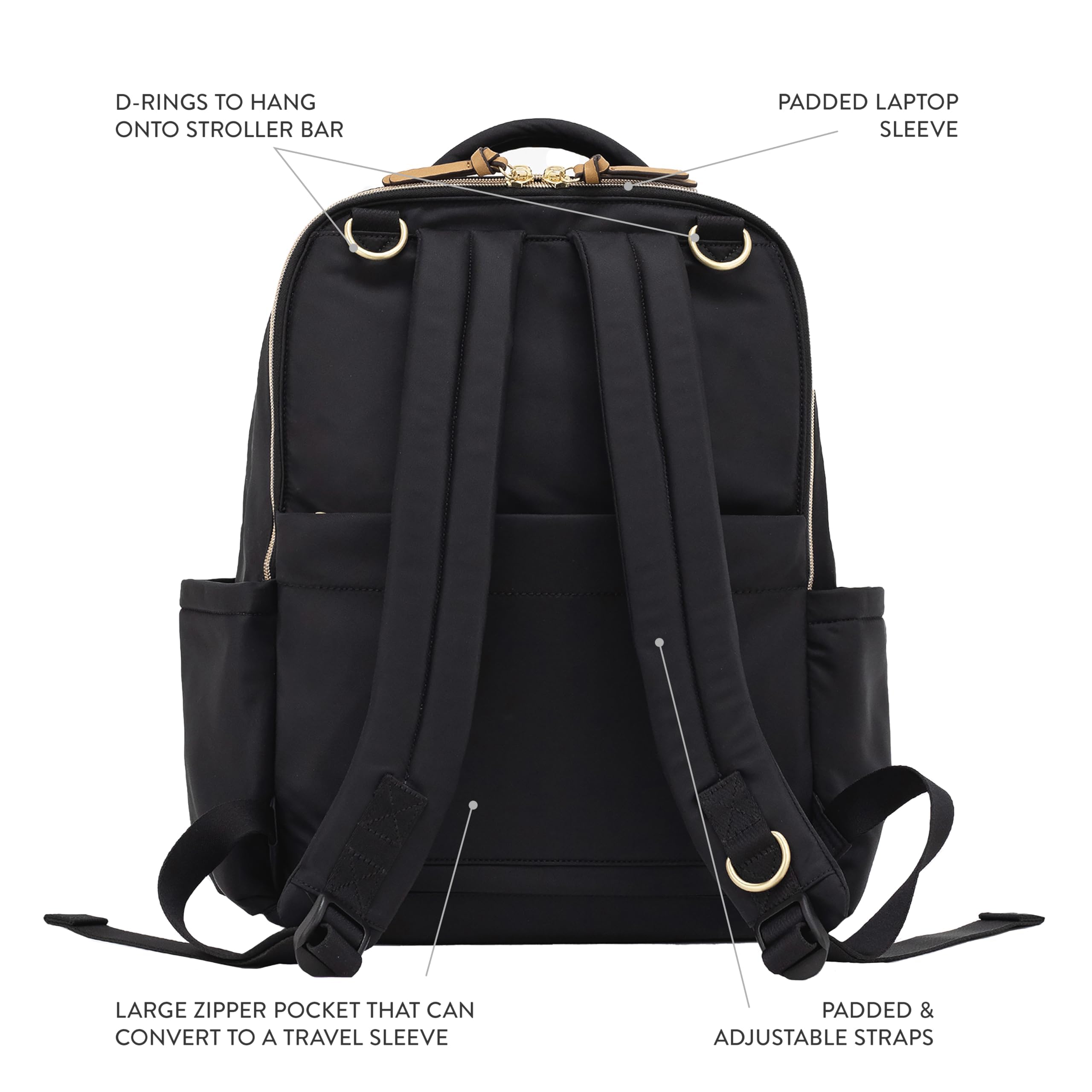 TWELVElittle On The Go Diaperbag Backpack in Black Tan - Includes Changing Pad and Stroller Clips. Diaper Bag Backpack for Moms or Dads