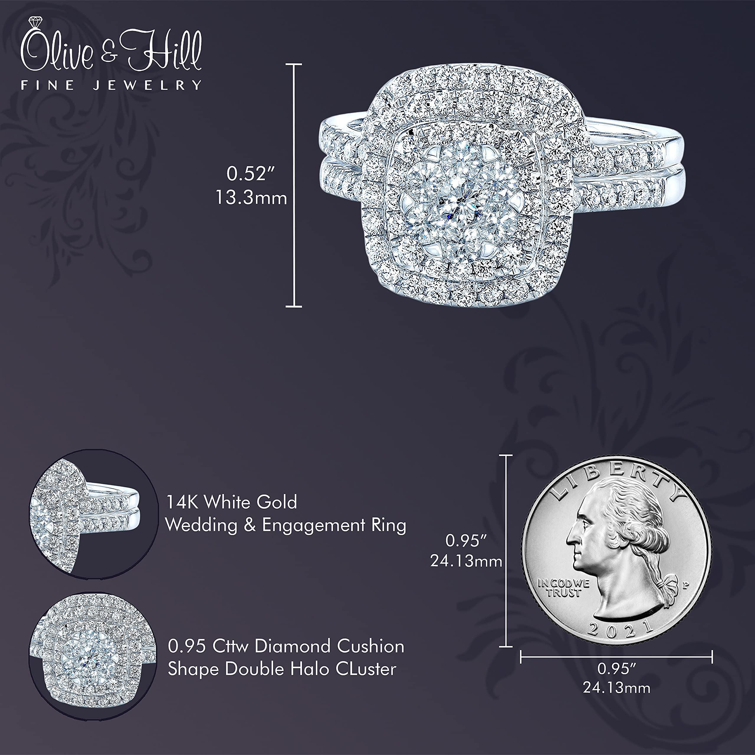14K White Gold 0.95 Cttw Diamond Cushion-Shape Double Halo Cluster Entourage Wedding & Engagement Ring Set (H-I Color), Size 7