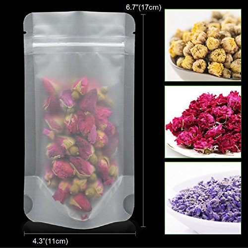Couga Mall 50 PCS Matte Stand-Up Plastic Storage Bag with Resealable Zip, Heat Sealable Reusable Pouch Packing Bag for Juice, Nuts, Beans and Tea Leaves (4.3β 6.7β)