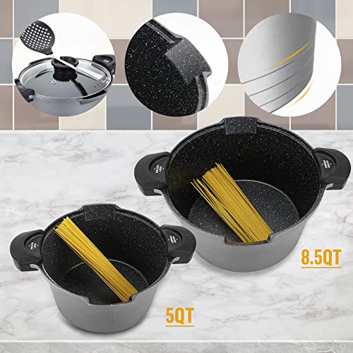 5 Quart Pasta Pot with Strainer Lid, Multipurpose Stock Pot Spaghetti Pot, PFOA free, Three-layer Non-stick coating, Dishwasher Safe, Tempered Glass Lockable Lid, Cast Aluminium, Grey