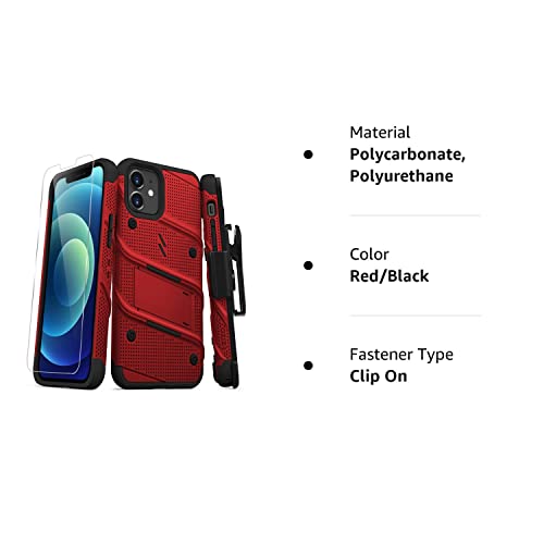 ZIZO Bolt Series for iPhone 12 / iPhone 12 Pro Case with Screen Protector Kickstand Holster Lanyard - Red & Black