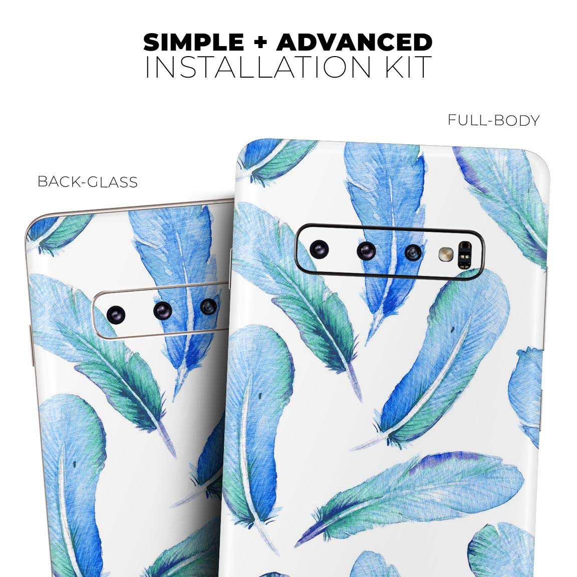 DesignSkinz Blue Watercolor Feather Pattern Protective Vinyl Decal Wrap Skin Cover Compatible with The Samsung Galaxy S20 (Screen Trim & Back Glass Skin)