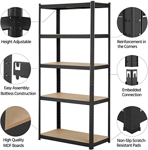 5 Tier Adjustable Boltless Garage Shelving, Heavy Duty Storage Racking Unit, Organizing Metal Shelf for Home Office Workshop Warehouse Household Kitchen, 59" H x 28" W x 12" D, 5 Tier Black DIY Shelf