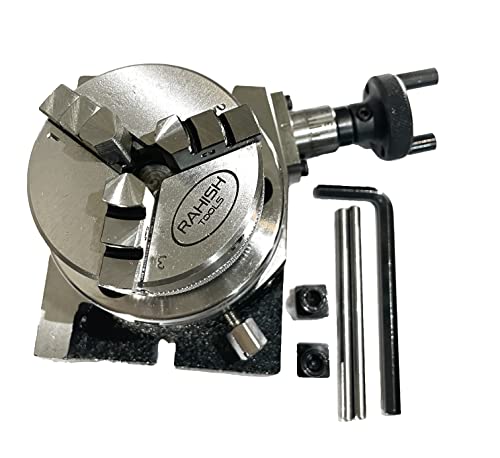 3" inches (75mm) 4 slots Horizontal and Vertical (H/V) Rotary Table with 65mm 3 Jaws Self Centering Chuck with Back Plate and T-nuts for Milling Engineering Tools