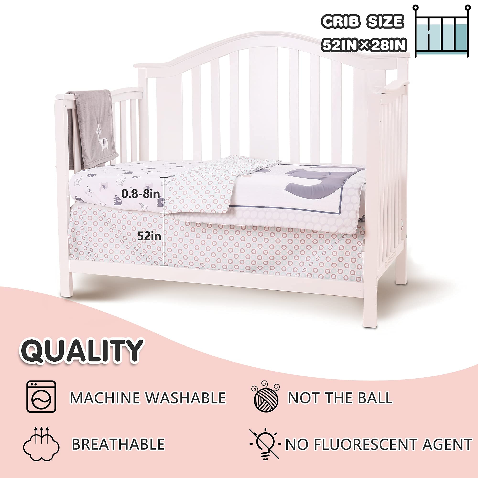 Honkaii Elephants Crib Bedding Sets for Boys 4 Pcs, Baby Girls Bedding Set Included Comforter, Fitted Sheet, Crib Skirt & Diaper Stacker for Nursery Standard Size Neutral (Gray)