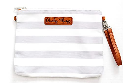 Stylish Diaper Bag Organizing Pouches - XL Set of 4 Gray and White Striped Canvas Diaper Bag Pouches with Leather Embossed Labels, Leather Wristlet Strap & Durable Metal Zippers