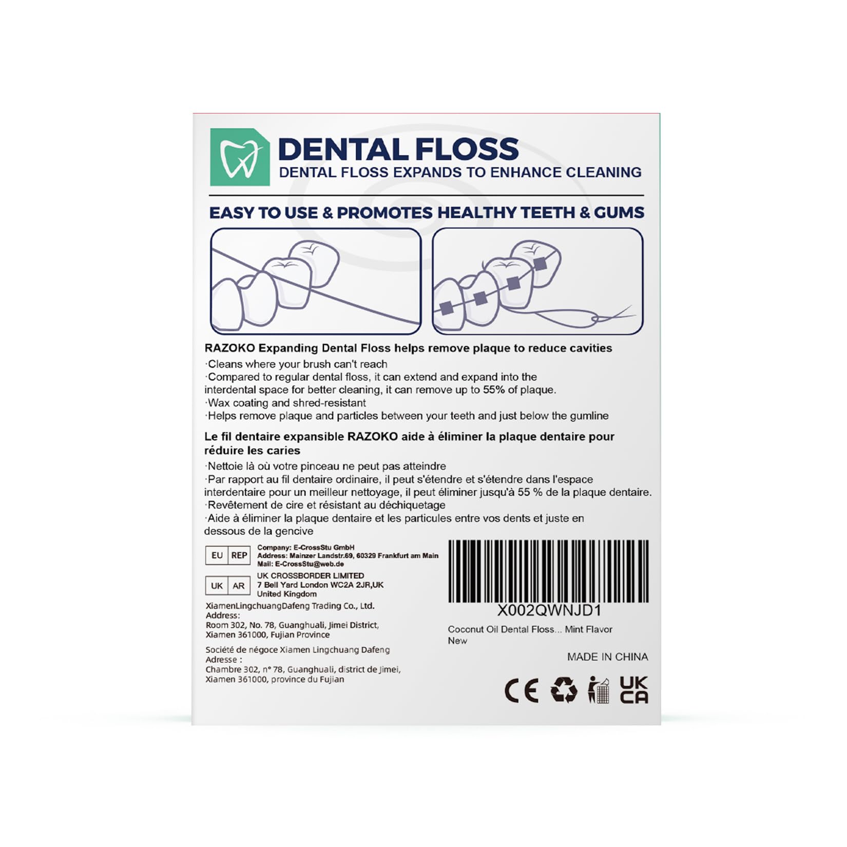 RAZOKO Coconut Oil Dental Floss Expanding Dental Floss Suitable for Wide Spaces (55 Yards, 4 Count) - Mint Flavor